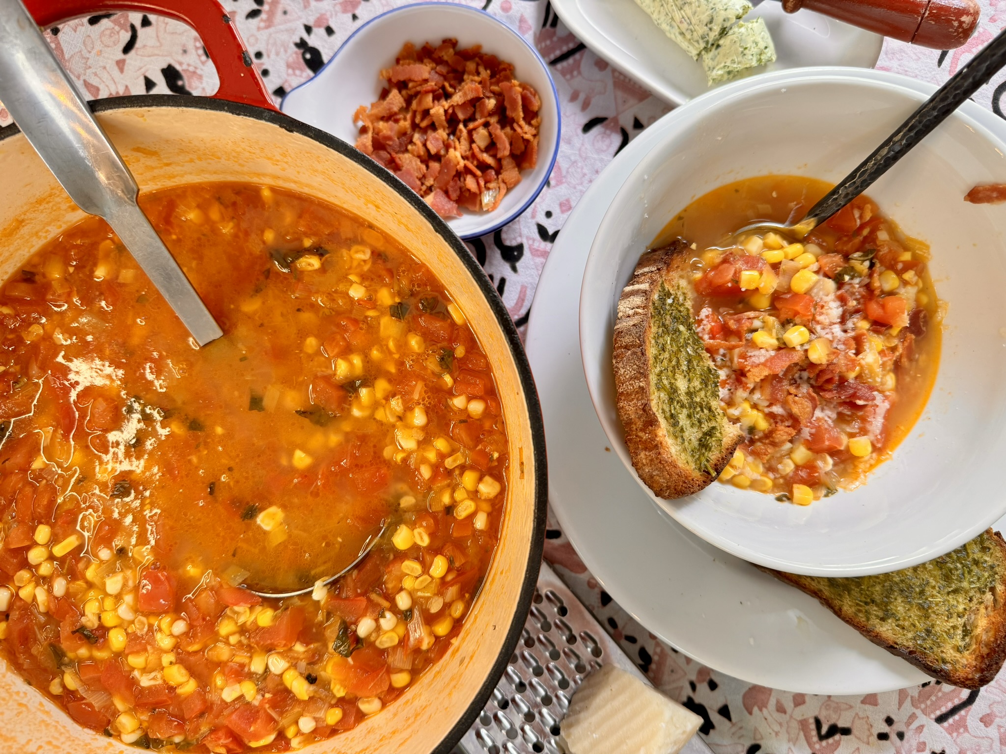 Tomato Corn Chowder with Bacon and Leeks
